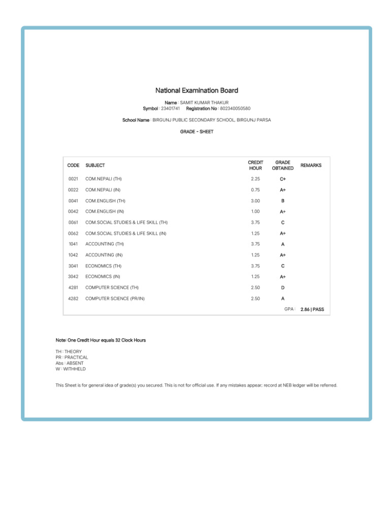 Samit Kumar Thakur Grade Sheet Summary | PDF