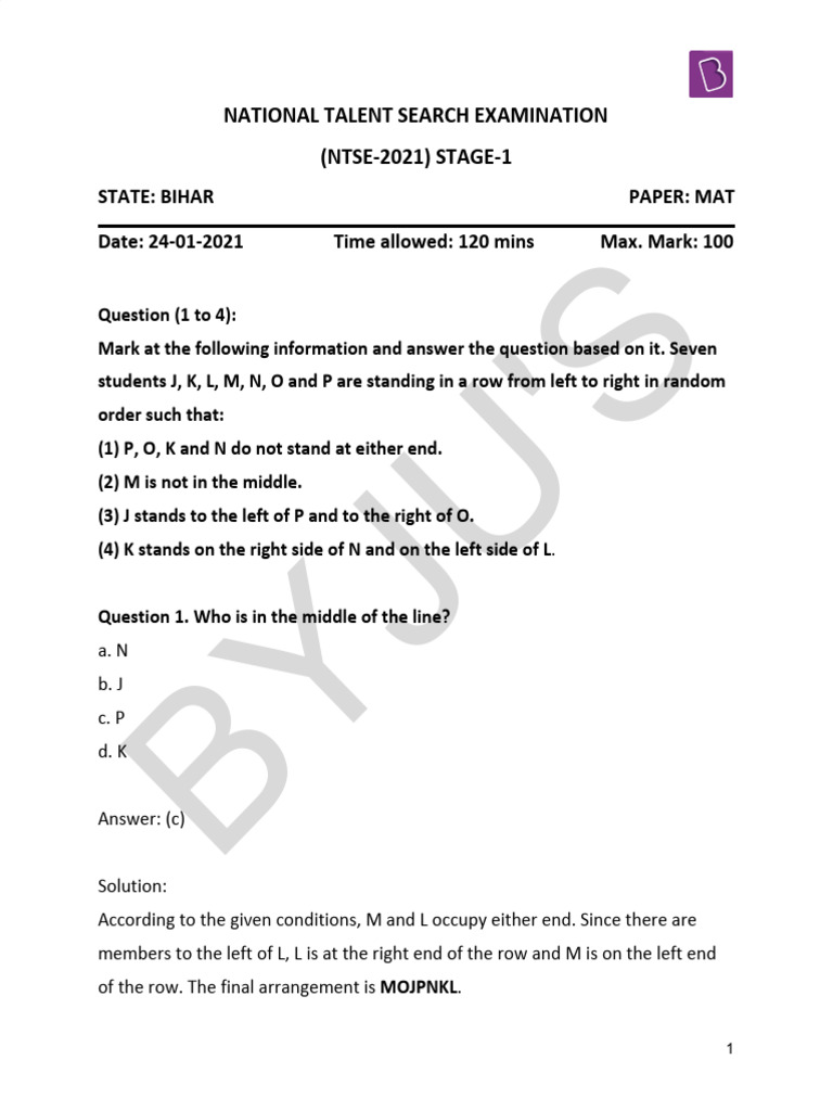 Bihar NTSE 2021 Stage 1 MAT and SAT Question and Solutions | PDF ...
