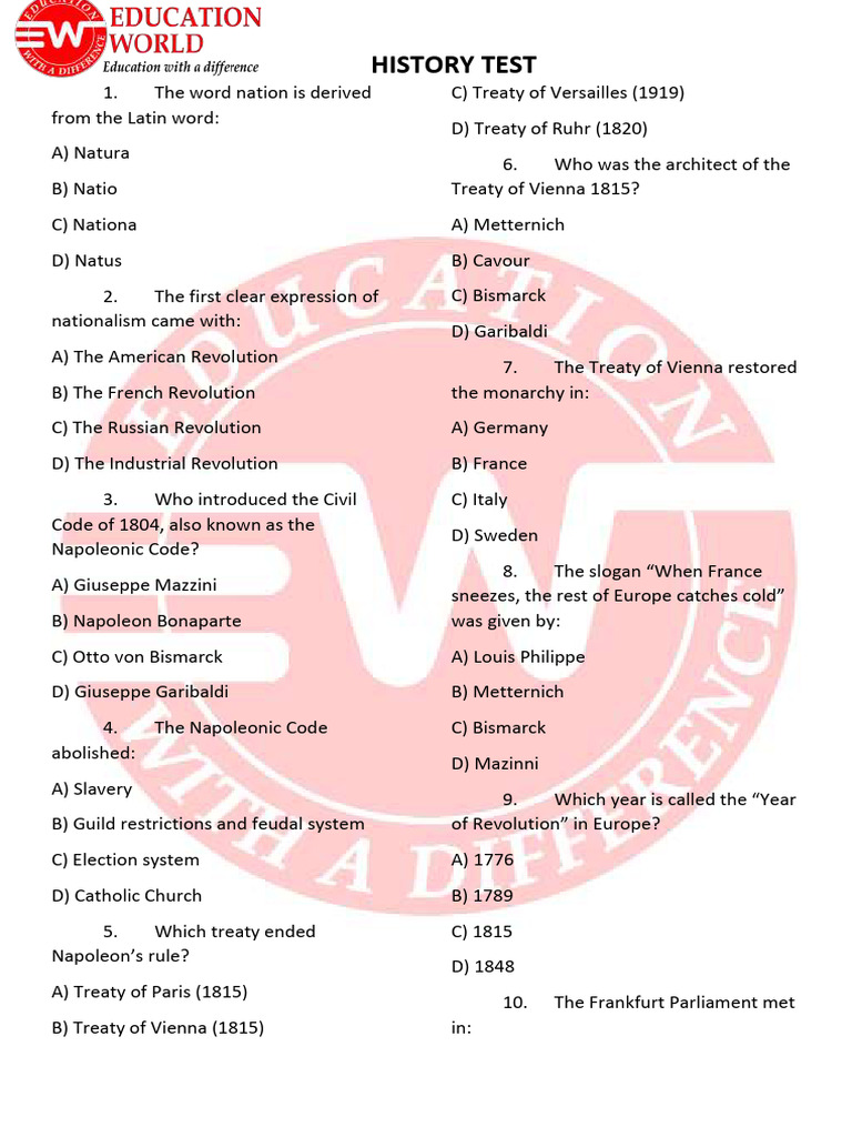 History Test on Nationalism and Revolutions | PDF | German Empire ...