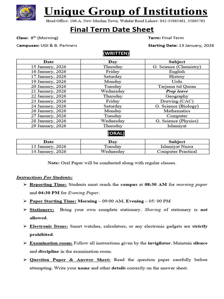 8th Grade Final Term Date Sheet 2026 | PDF