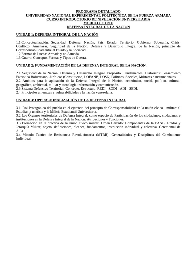 Defensa Integral de la Nación: Curso UNEFA | PDF