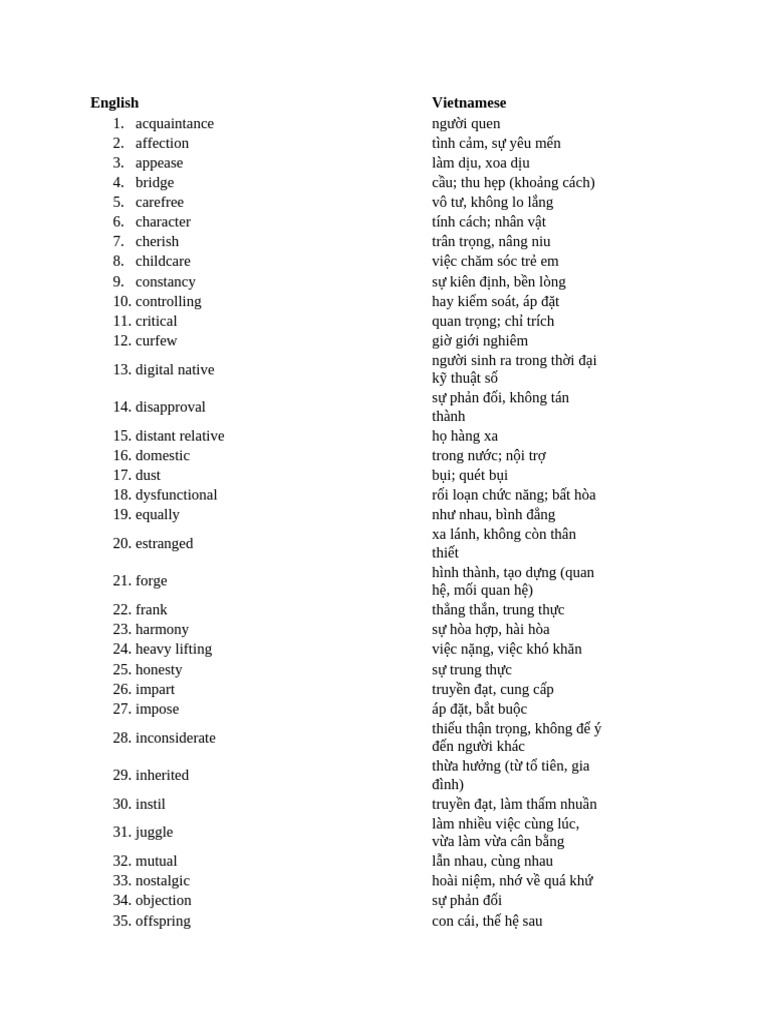 English-Vietnamese Vocabulary List | PDF | Adolescence | Sibling