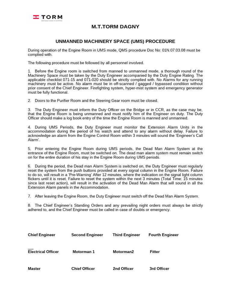 UMS Procedure for Engine Room Operations | PDF