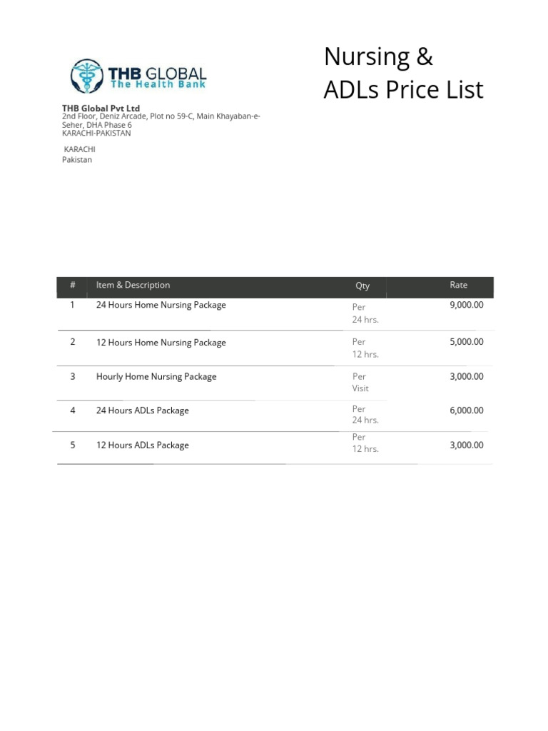 THB Nursing & ADLs Price List | PDF
