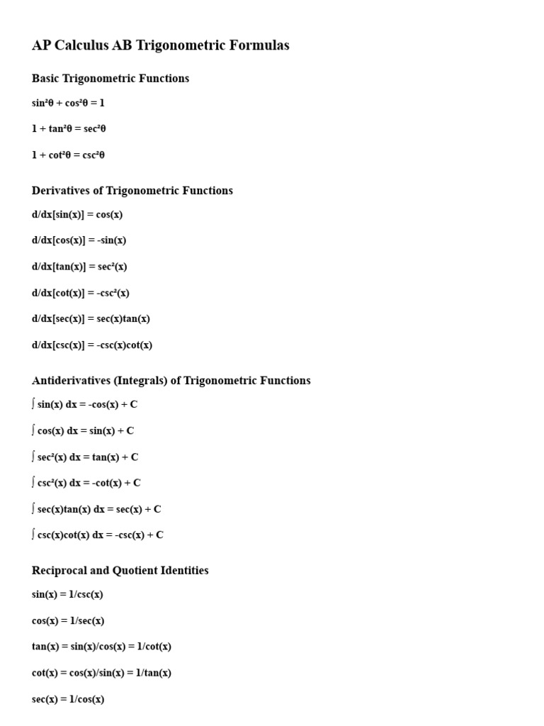 AP Calculus AB Trigonometric Formulas | PDF