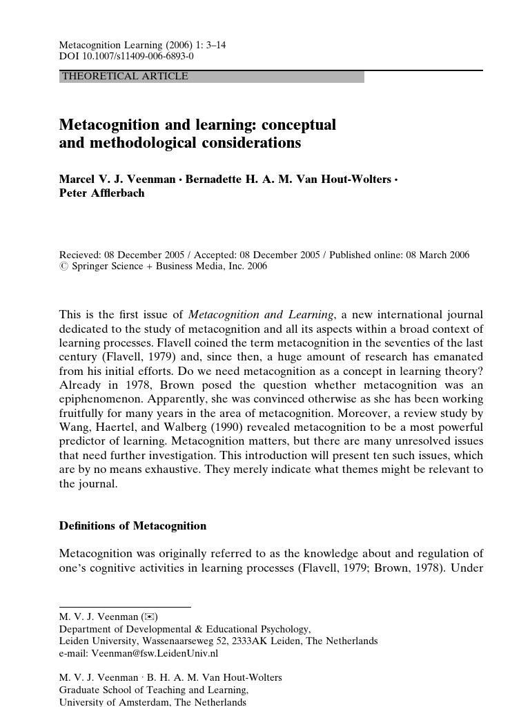 Veenman Metacognition | PDF | Metacognition | Educational Psychology