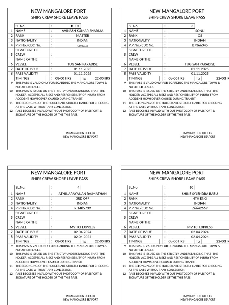 New Mangalore Port Crew Shore Pass | PDF | Passport | International Law