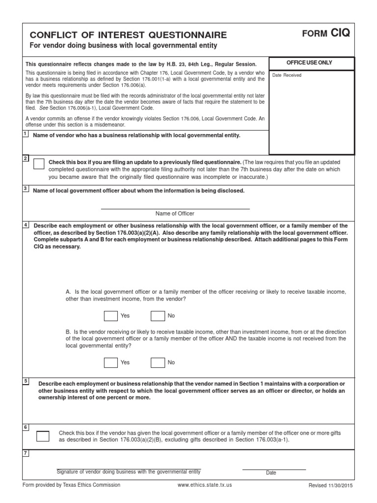 Conflict of Interest Questionnaire Form (1) | PDF | Income | Conflict ...