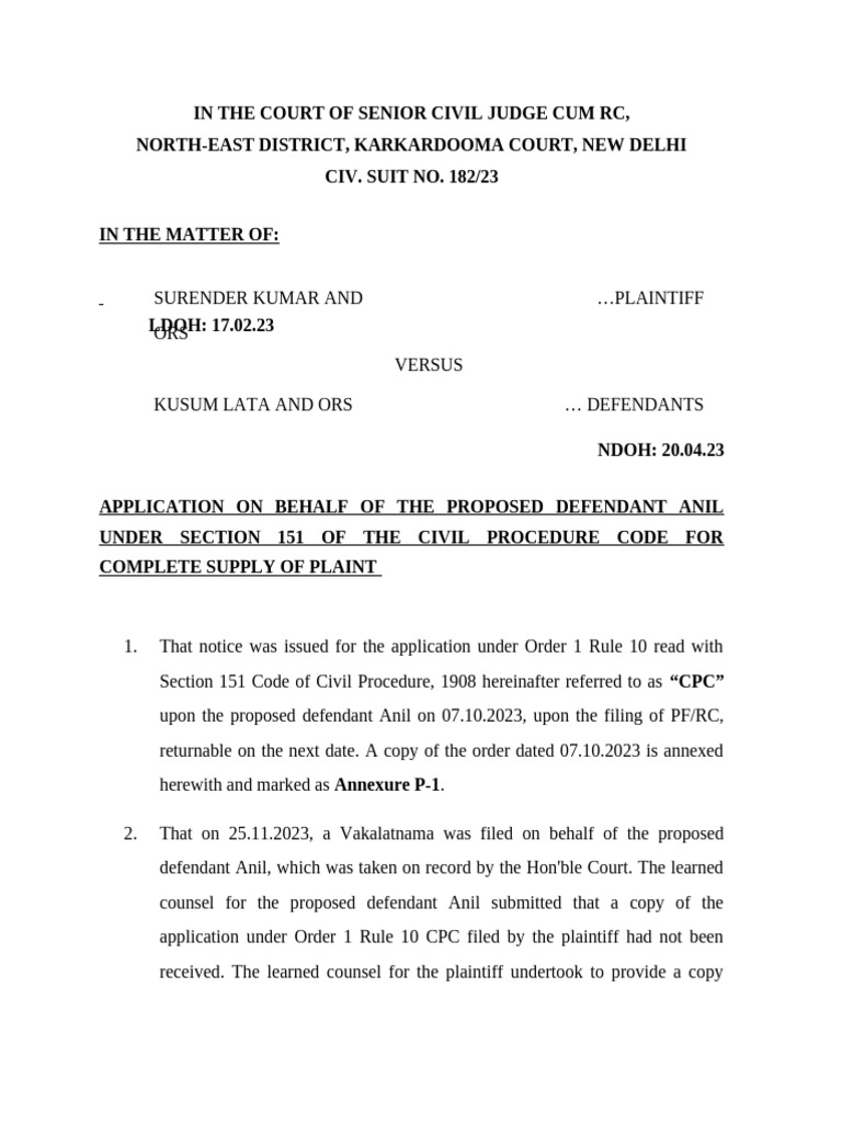 Application for Complete Supply of Plaint | PDF | Affidavit | Judiciaries