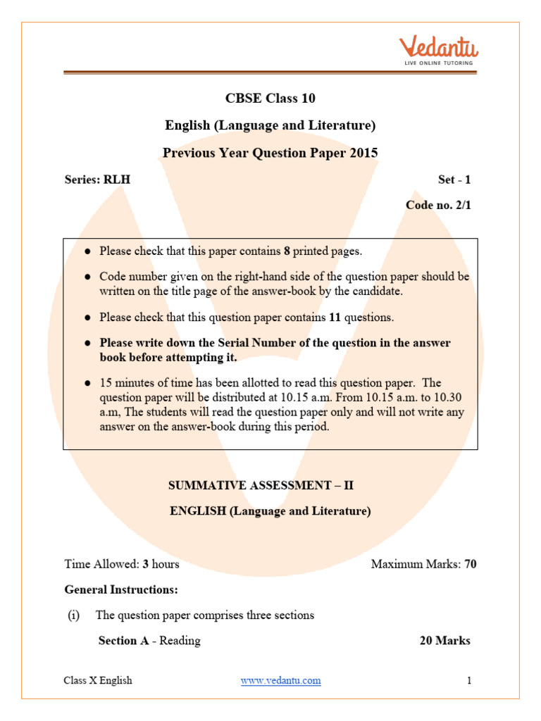 CBSE Class 10 English Language and Literature Question Paper 2015 With ...
