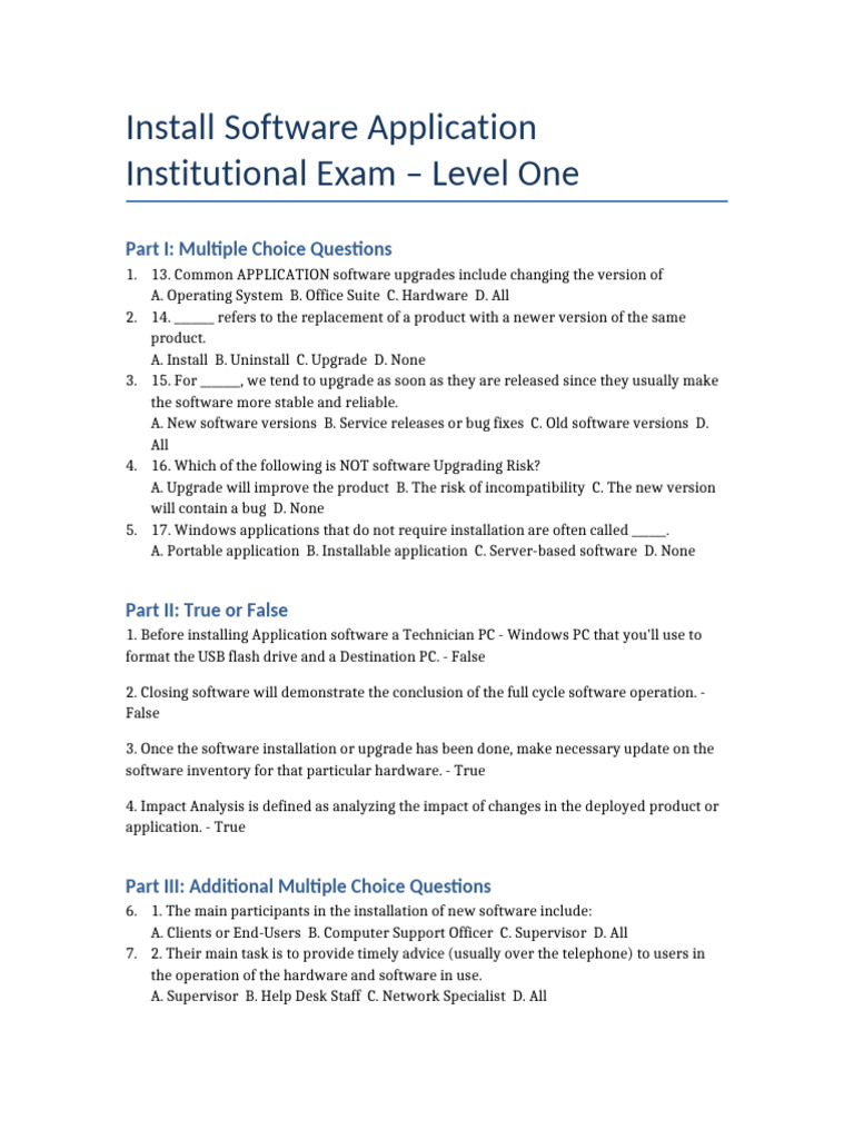 Install Software Application Exam With Answer Key Pdf Software