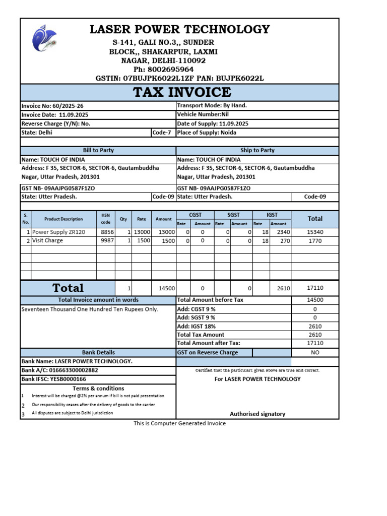 Invoice for Laser Power Technology | PDF | Public Finance | Trade