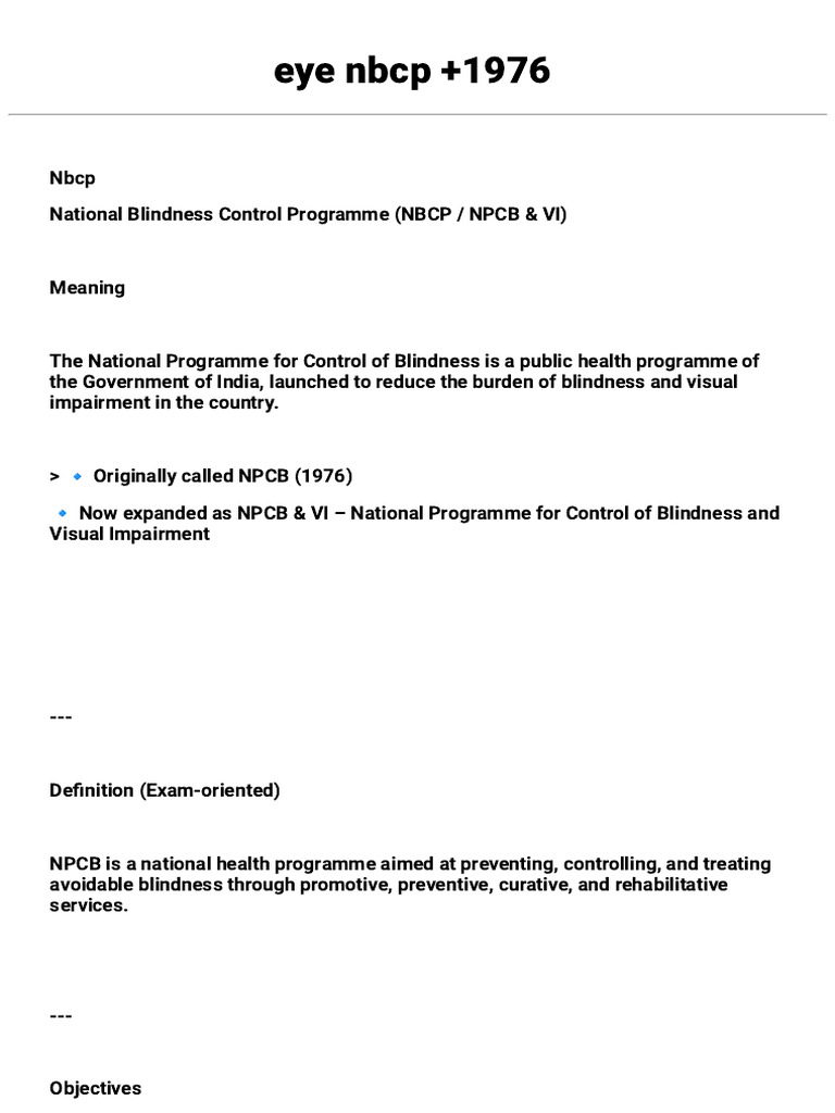 Eye NBCP +1976: Now Expanded As NPCB & VI - National Programme For ...