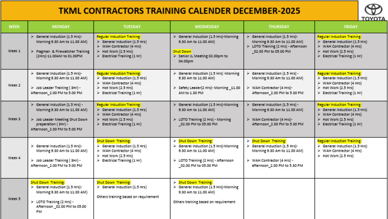 TKML Contractors Training Calendar 2025 | PDF