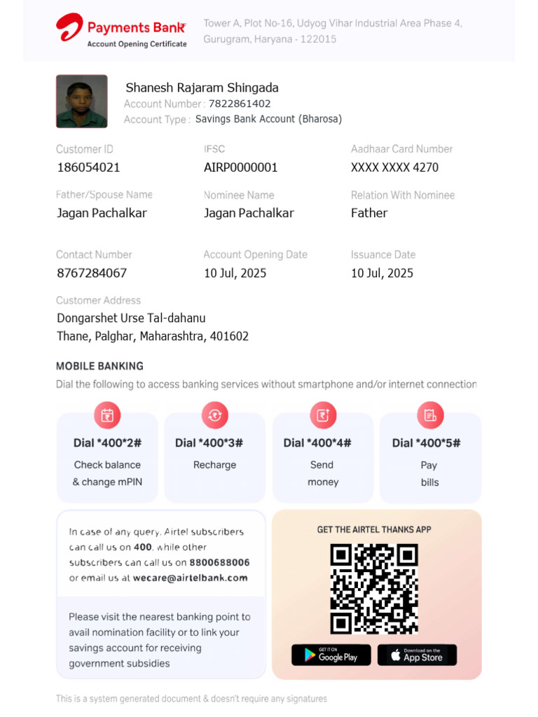 Savings Account Details for Shanesh Rajaram | PDF
