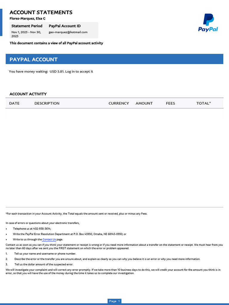 PayPal Account Activity Summary | PDF