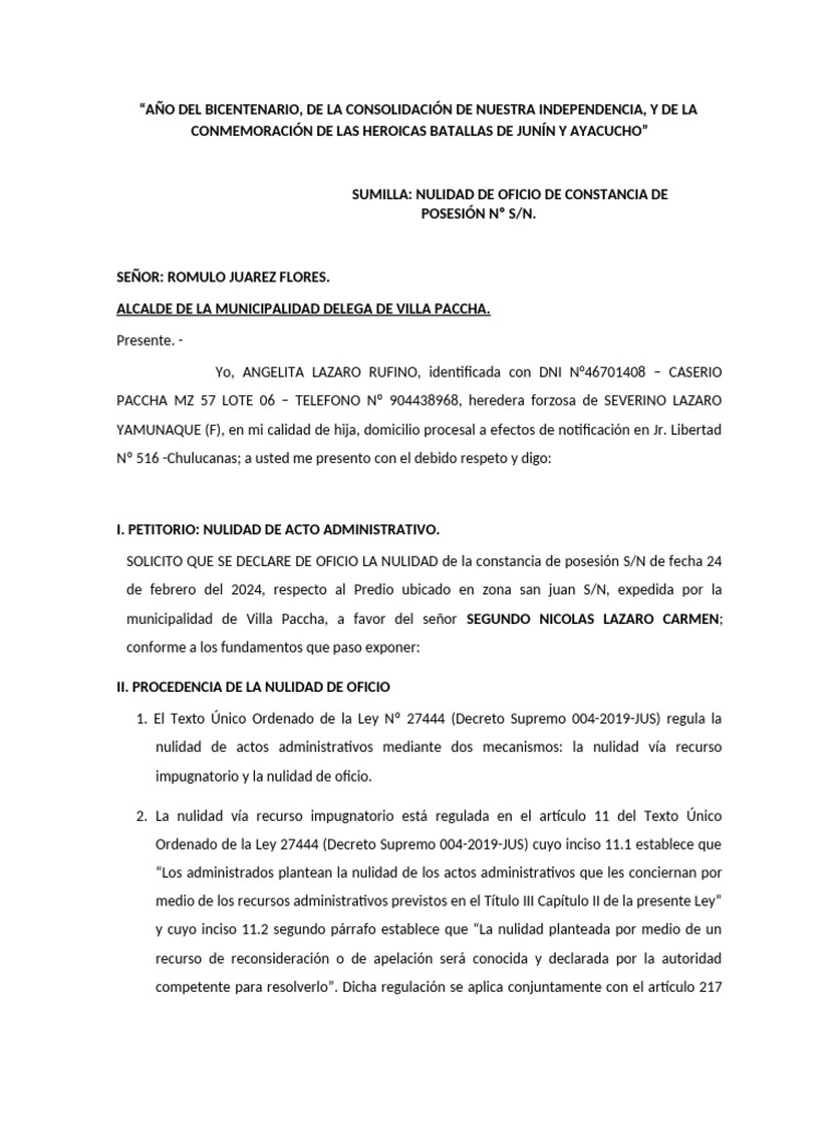 Solicita Nulidad de Constancia de Posesion | PDF | Nulo (ley) | Apelación