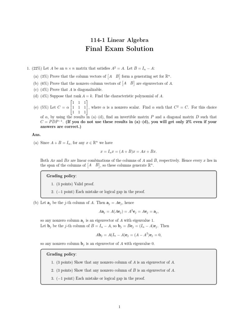 Linear Algebra Final Exam Solutions | PDF | Eigenvalues And ...