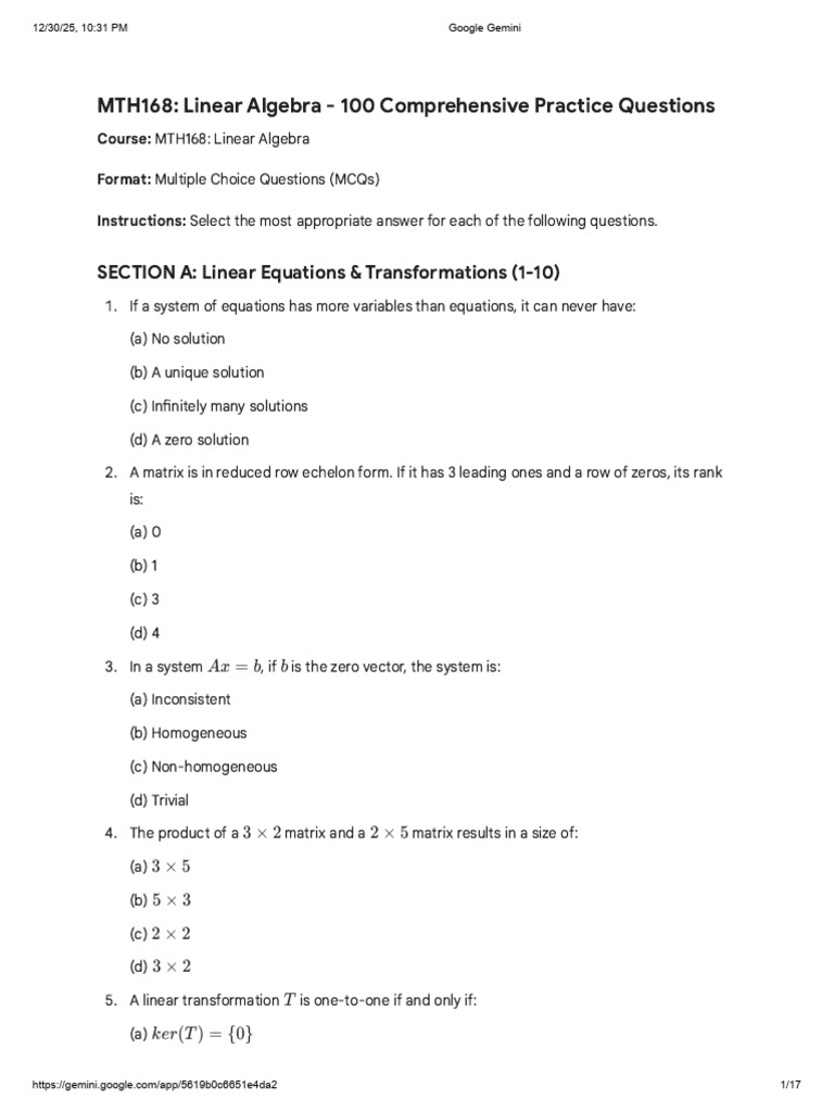 100 Linear Algebra MCQs for Practice | PDF | Eigenvalues And ...
