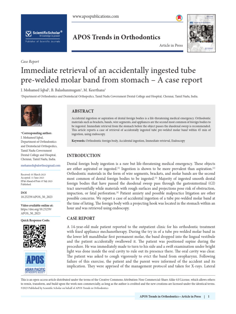 Immediate Retrieval of an Accidentally Ingested Tube Pre-welded Molar ...