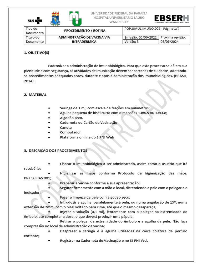 POP.umul.IMUNO.002 - Administracao de Vacina via Intradermica (1) | PDF ...