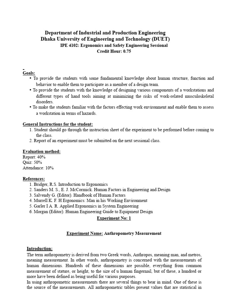 O1. IPE-4102 Ergonomics and Safety Engineering Sessional | PDF ...