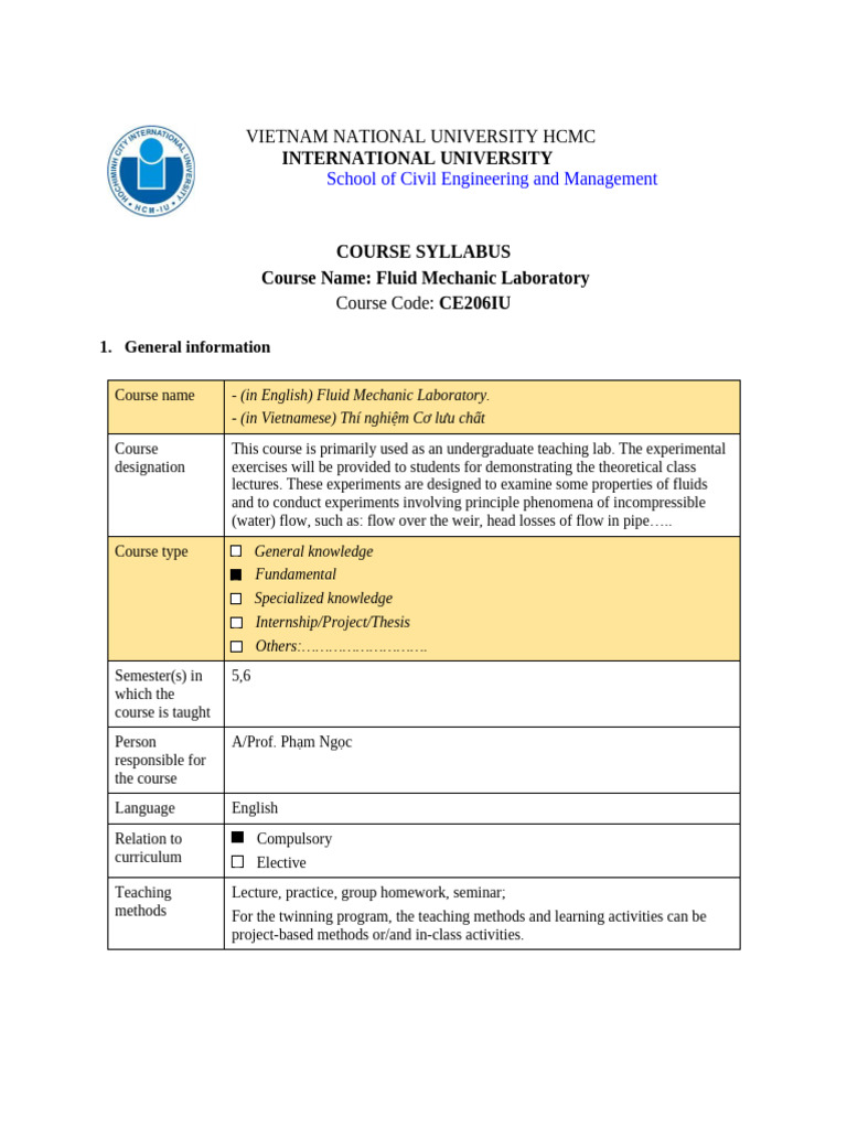 2024 Syllabus. CE206IU.fluid Mechanic Lab | PDF | Experiment | Reynolds Number