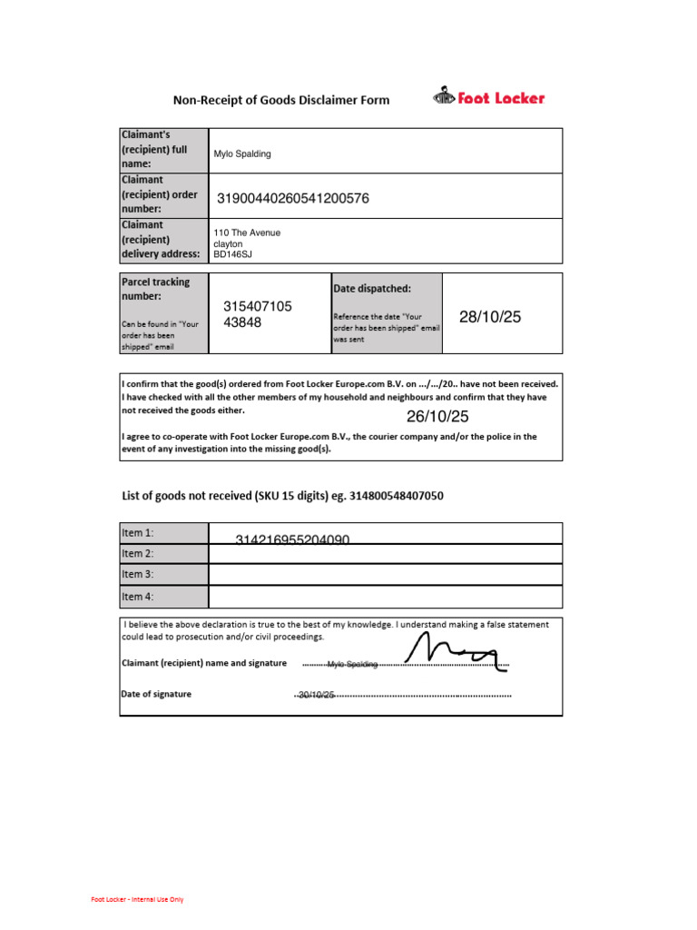 Dispute Form - Delivered Item Claim | PDF