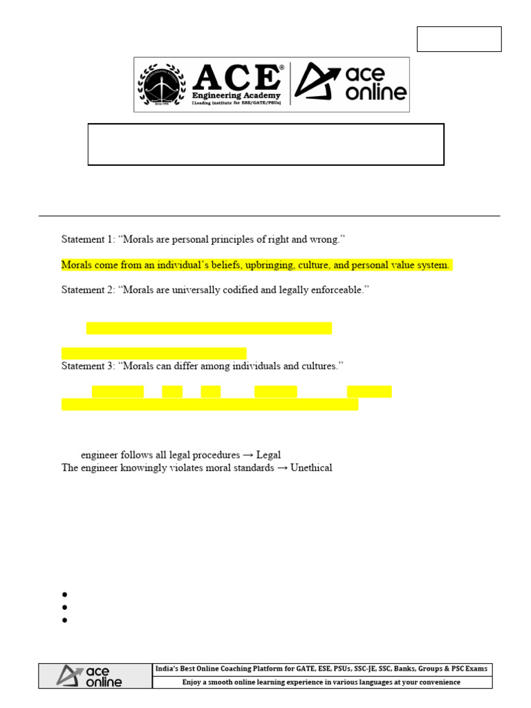 Ace Test 12 Gs Soln Ethics and Values in Engineering Profession | PDF ...
