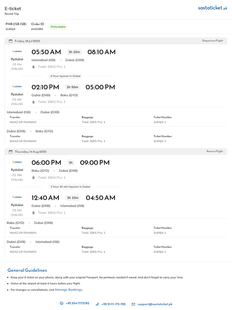 Flydubai Round Trip E-Ticket Details | PDF | Government And Personhood