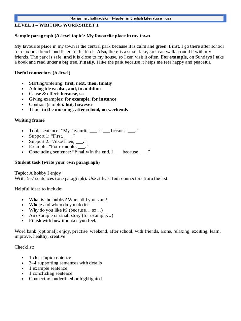 Writing Worksheet: My Favourite Place | PDF