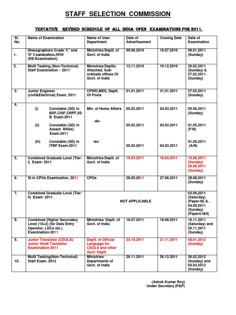 SSC Tentative Examination Schedule | PDF | Educational Stages | Learning