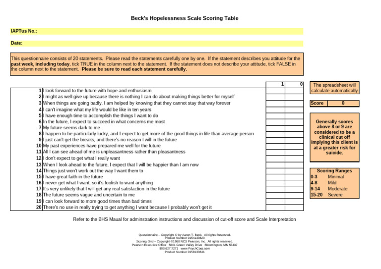 Becks Hopelessness Scale | PDF