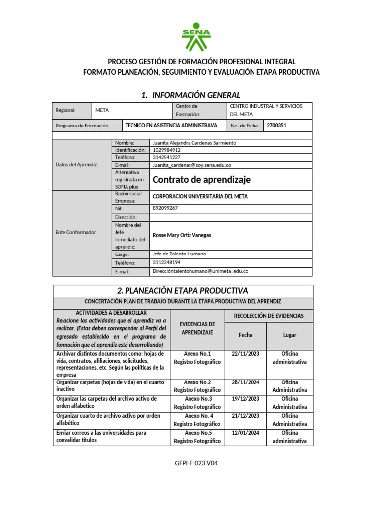 FORMATO O23 1 juanita | PDF