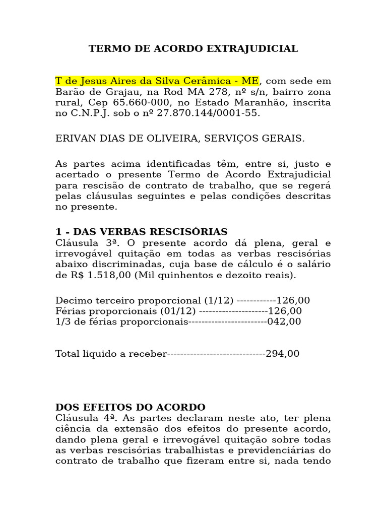 Acordo Extrajudicial de Rescisão Trabalhista | PDF
