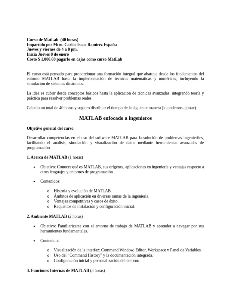 Curso de Matlab Contenido | PDF | Ecuaciones | Matlab