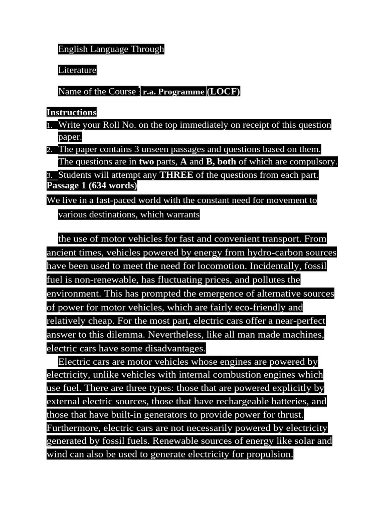 Question Paper GE Language Through Literature | PDF | Electric Car ...