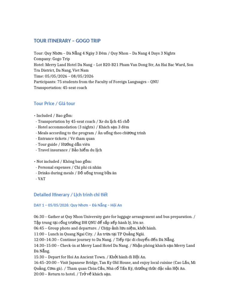 Gogo Trip Itinerary QN DN | PDF