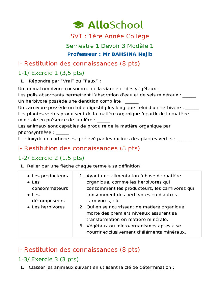 SVT 1ère Année Collège : Devoir 3 | PDF | Herbivore | Matière organique