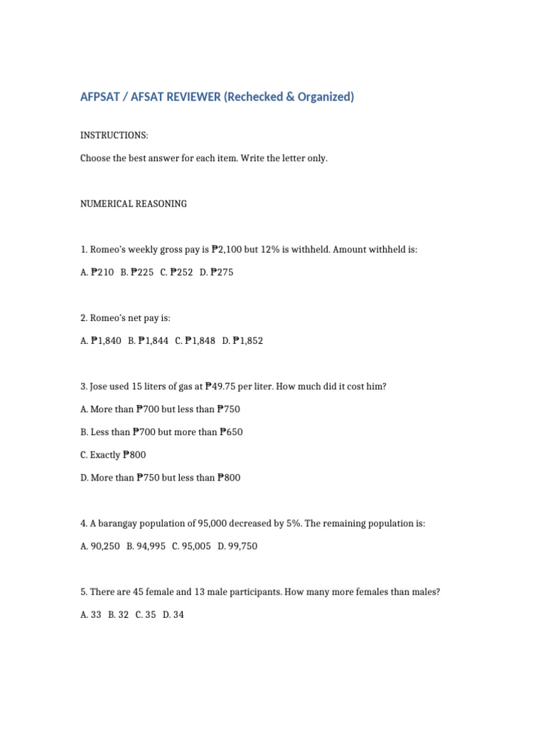 AFPSAT/AFSAT Numerical & Verbal Review | PDF