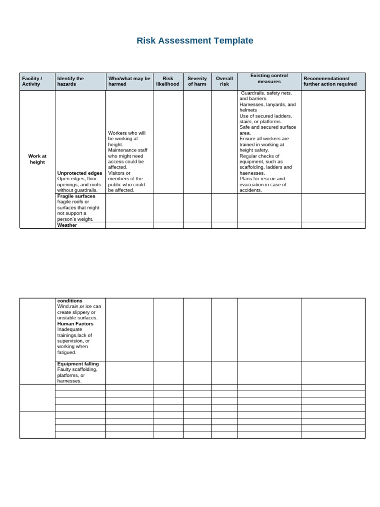 Work at Height Risk Assessment Template | PDF | Risk | Safety