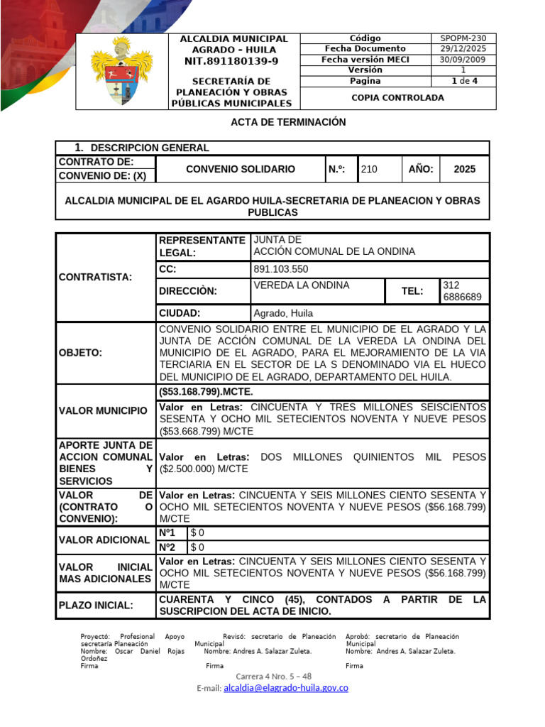 ACTA DE TERMINACION - ONDINA | PDF