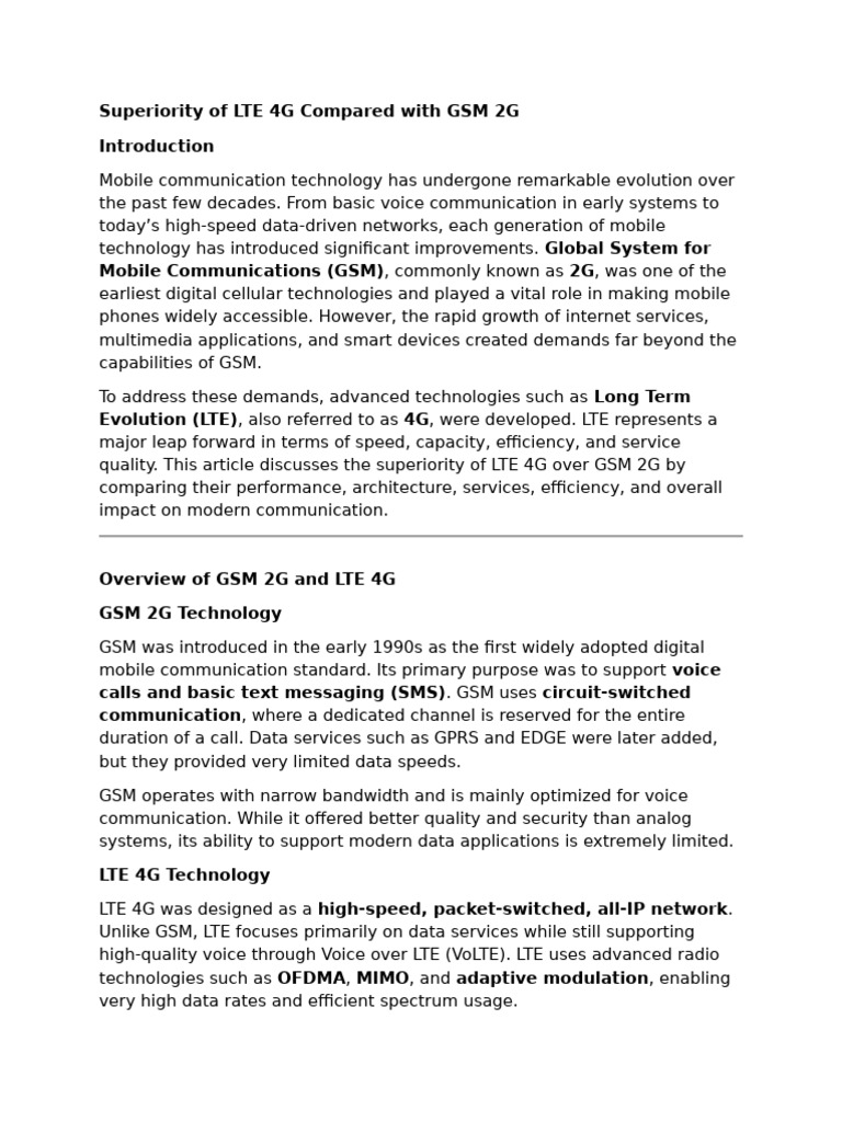 Superiority of LTE 4G Compared With GSM 2G | PDF | 4 G | Lte ...