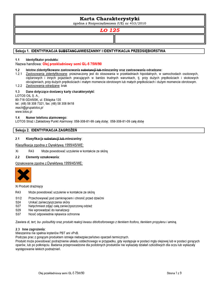 Karta Charakterystyki: Olej Przekładniowy Semi GL-5 75W/90 | PDF