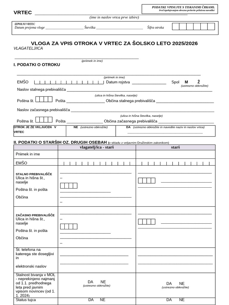 Vloga Za Vpis Otroka V Vrtec Za Šolsko Leto 2025 - 26 | PDF