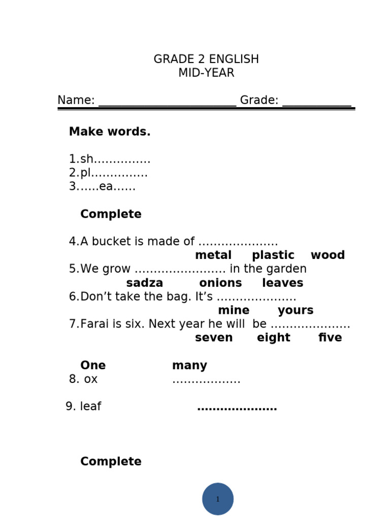 Grade 2 English Mid-Year Assessment | PDF