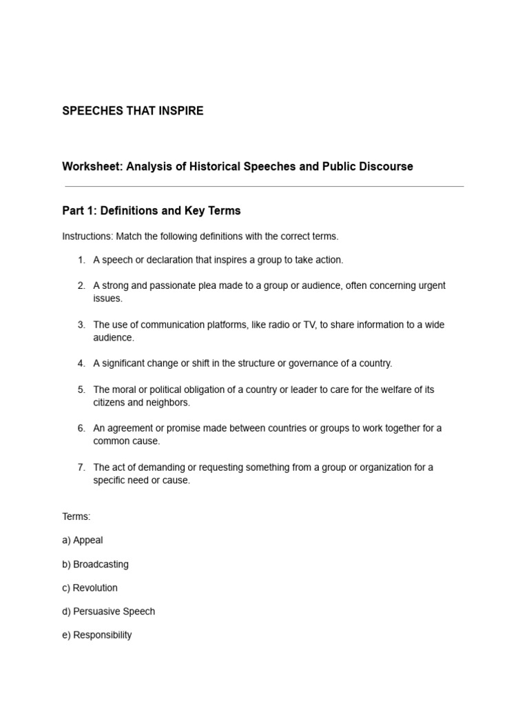 Speeches That Inspire, Speeches That Set Fire Worksheet | PDF ...