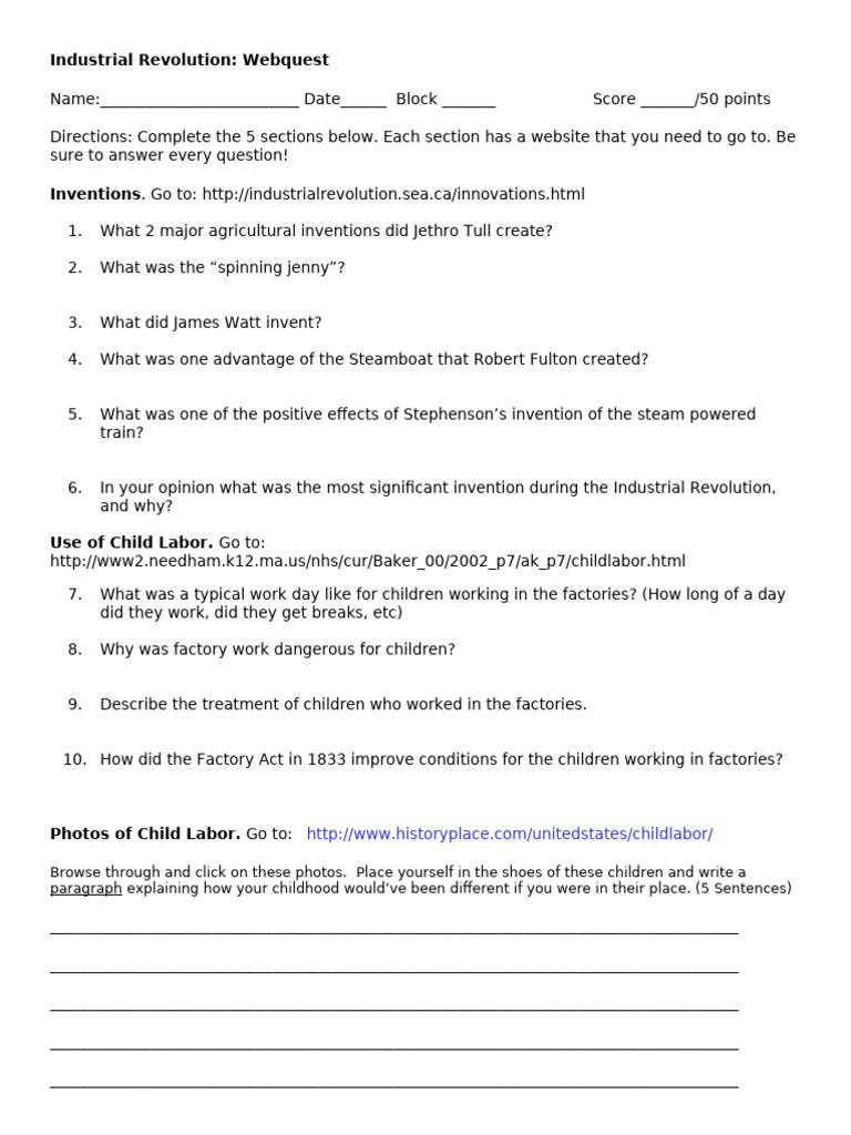 Industrial Revolution Webquest Guide | PDF | Industrial Revolution ...