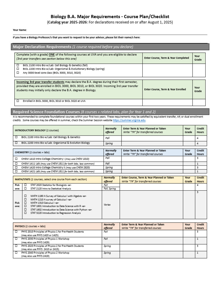 Biology B.A. Major Requirements Checklist | PDF | Biology | Mathematics