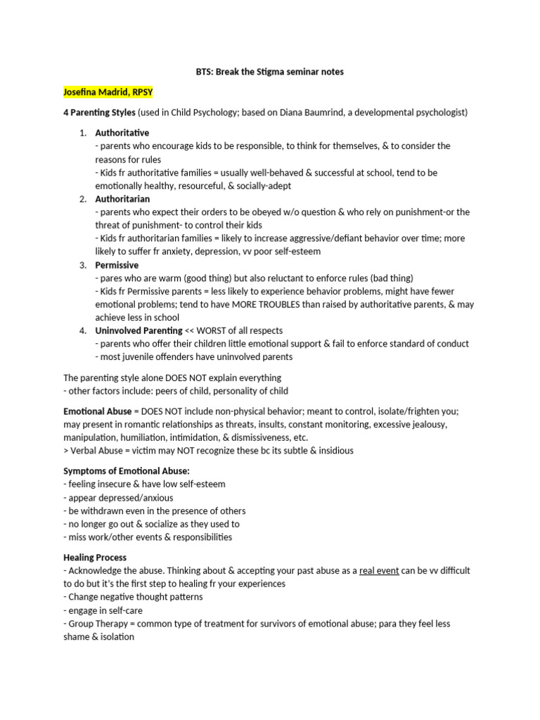 BTS Break The Stigma Seminar Notes | PDF | Psychological Trauma | Parenting